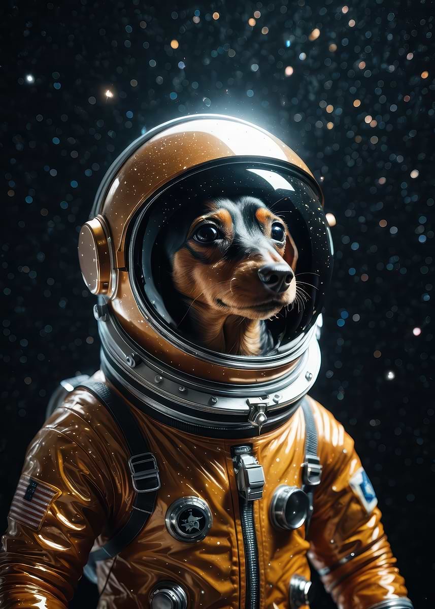 'Cinematic Dachshund Astronaut in Retro Gold Space Suit' Poster, picture, metal print, paint by ...