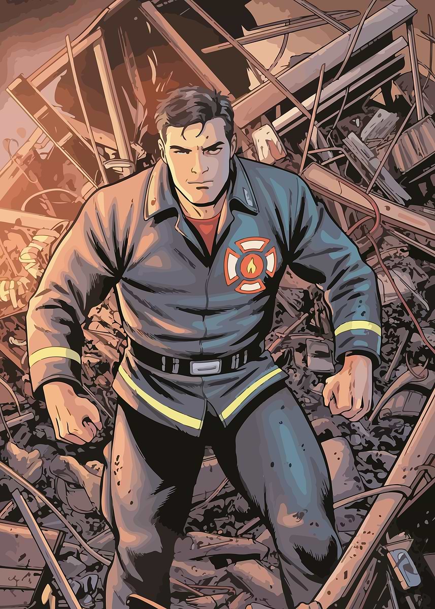 'Firefighter in rubble comic book style' Poster, picture, metal print ...
