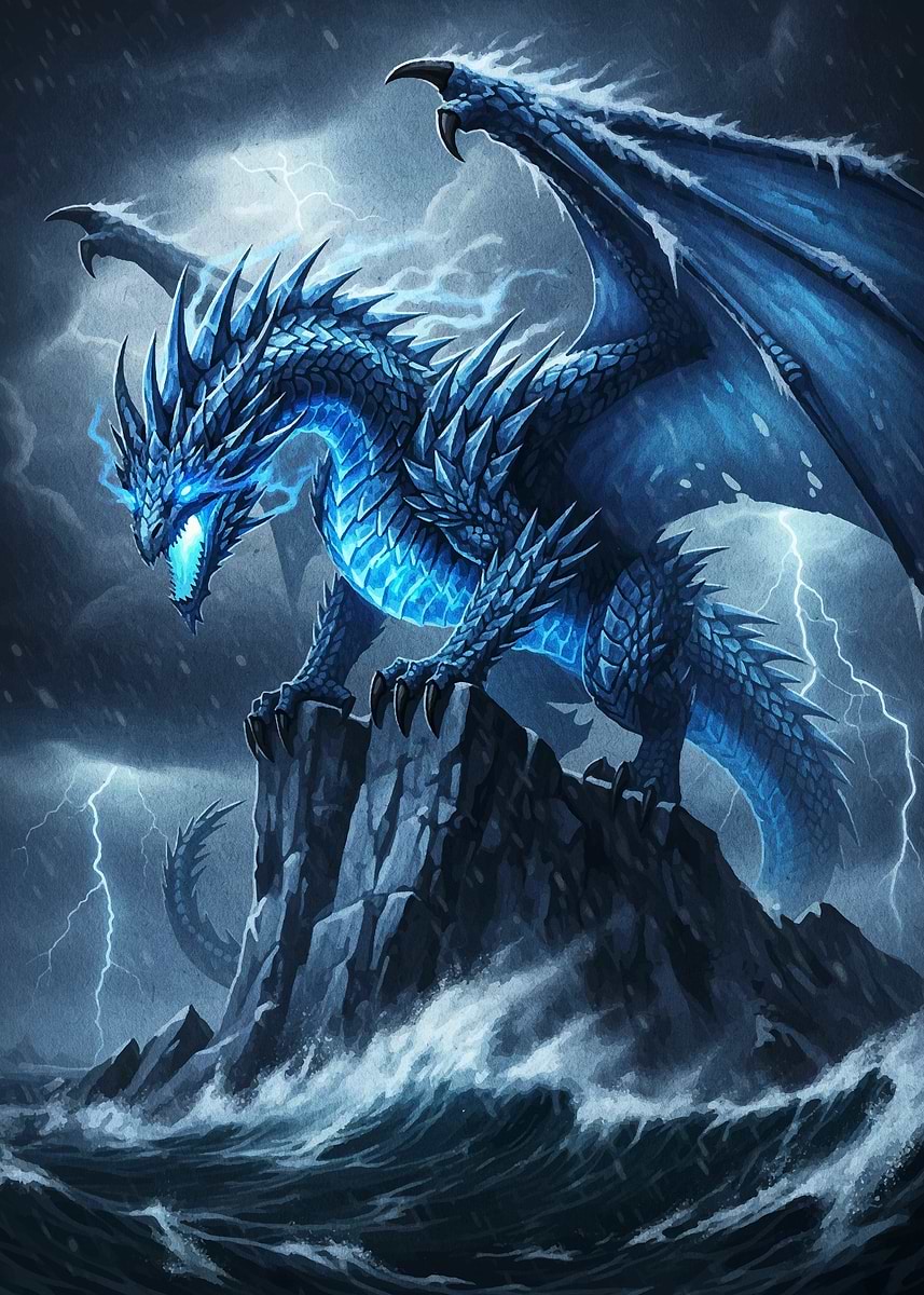 'Blue Dragon on Stormy Cliff' Poster, picture, metal print, paint by ...