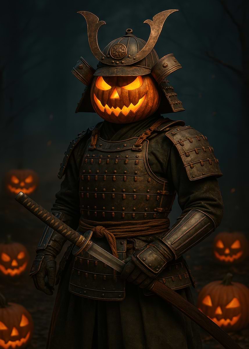 'Samurai Pumpkin Halloween Warrior' Poster, picture, metal print, paint ...
