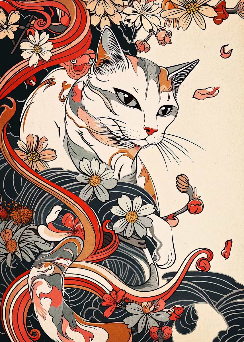 'Elegant Cat with Floral Ornaments' Poster, picture, metal print, paint ...