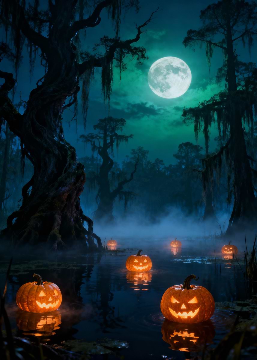 'Halloween Pumpkins in a Spooky Swamp' Poster, picture, metal print ...
