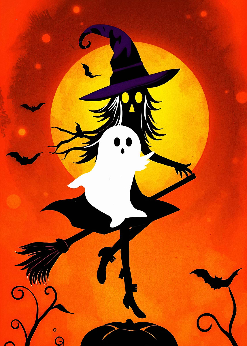 'Halloween Witch and Ghost Illustration' Poster, picture, metal print ...