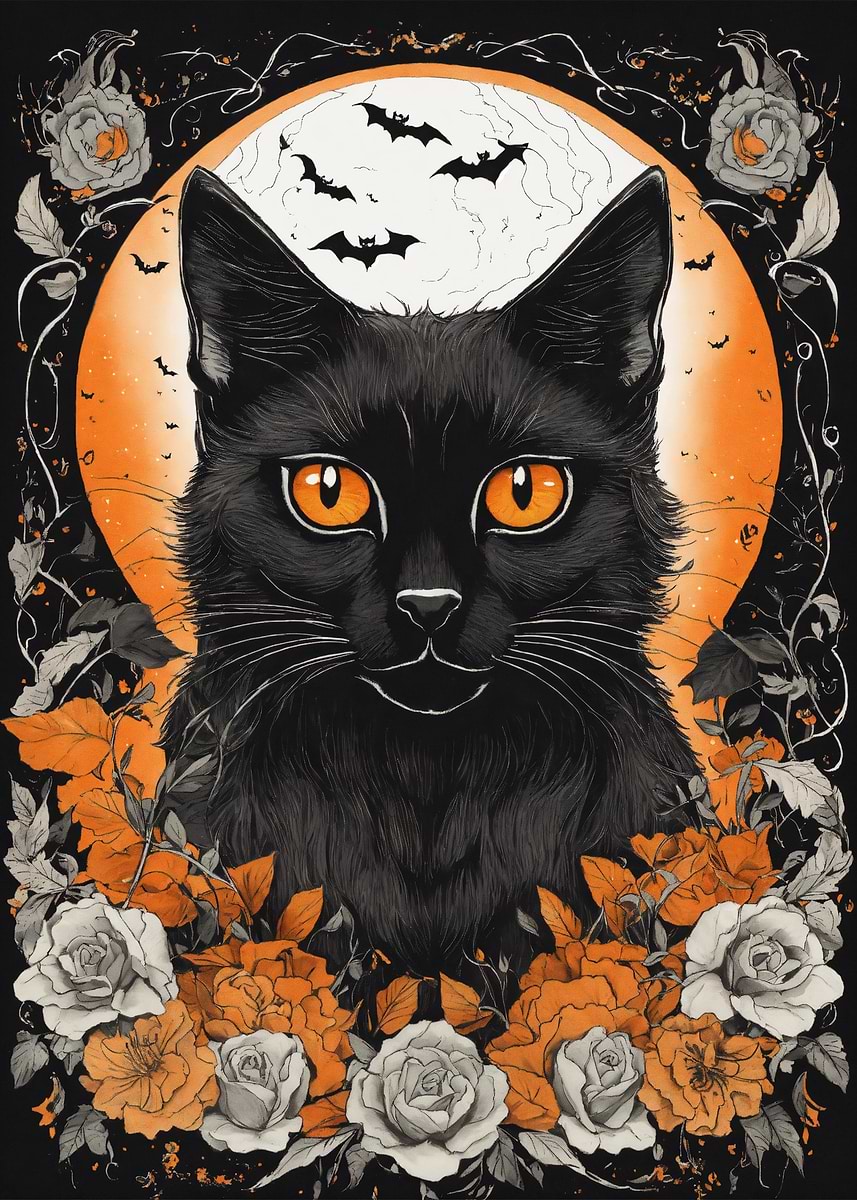 'Halloween Black Cat with Floral Frame' Poster, picture, metal print ...