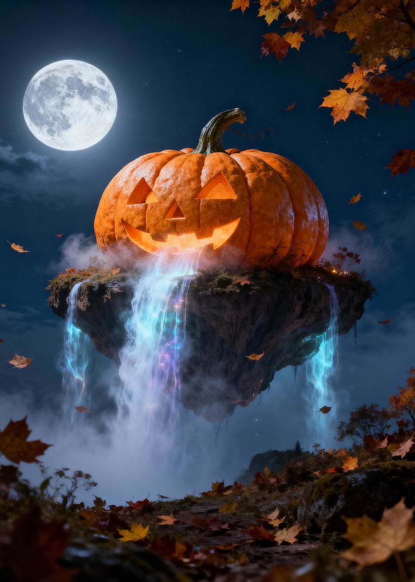 'Halloween Pumpkin Waterfall Island' Poster, picture, metal print ...