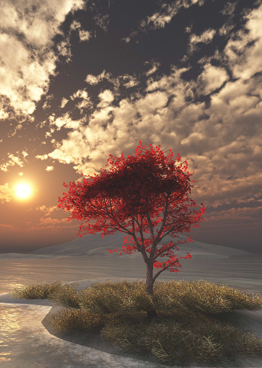 'Red Tree Sunset Landscape' Poster, picture, metal print, paint by ...