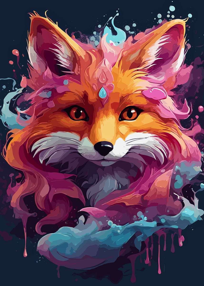 'Colorful Fox Portrait with Watercolor Effects' Poster, picture, metal ...