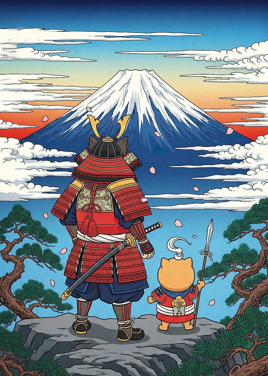 'Samurai Cats Mount Fuji' Poster, picture, metal print, paint by Pro ...