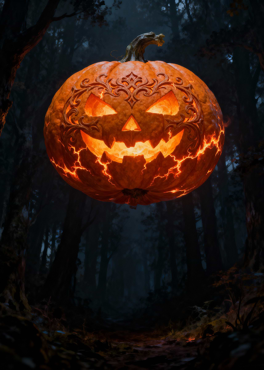 'Halloween Pumpkin in Dark Forest' Poster, picture, metal print, paint ...