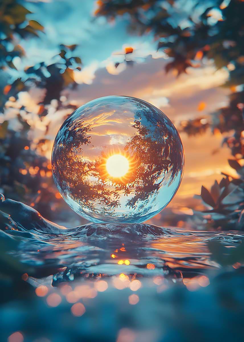 'A floating glass orb contains a miniature sun.' Poster, picture, metal ...