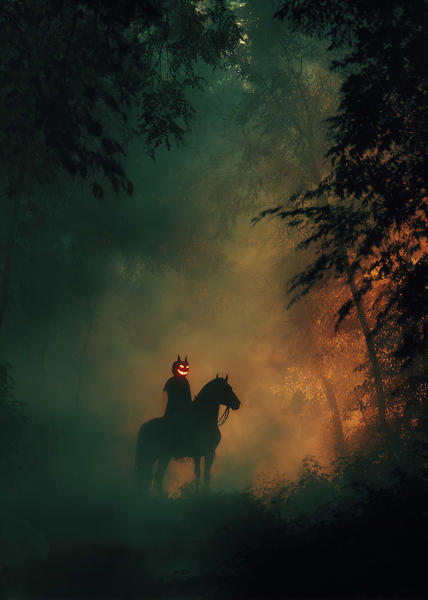 'Pumpkin Head Horseman in Misty Forest' Poster, picture, metal print ...