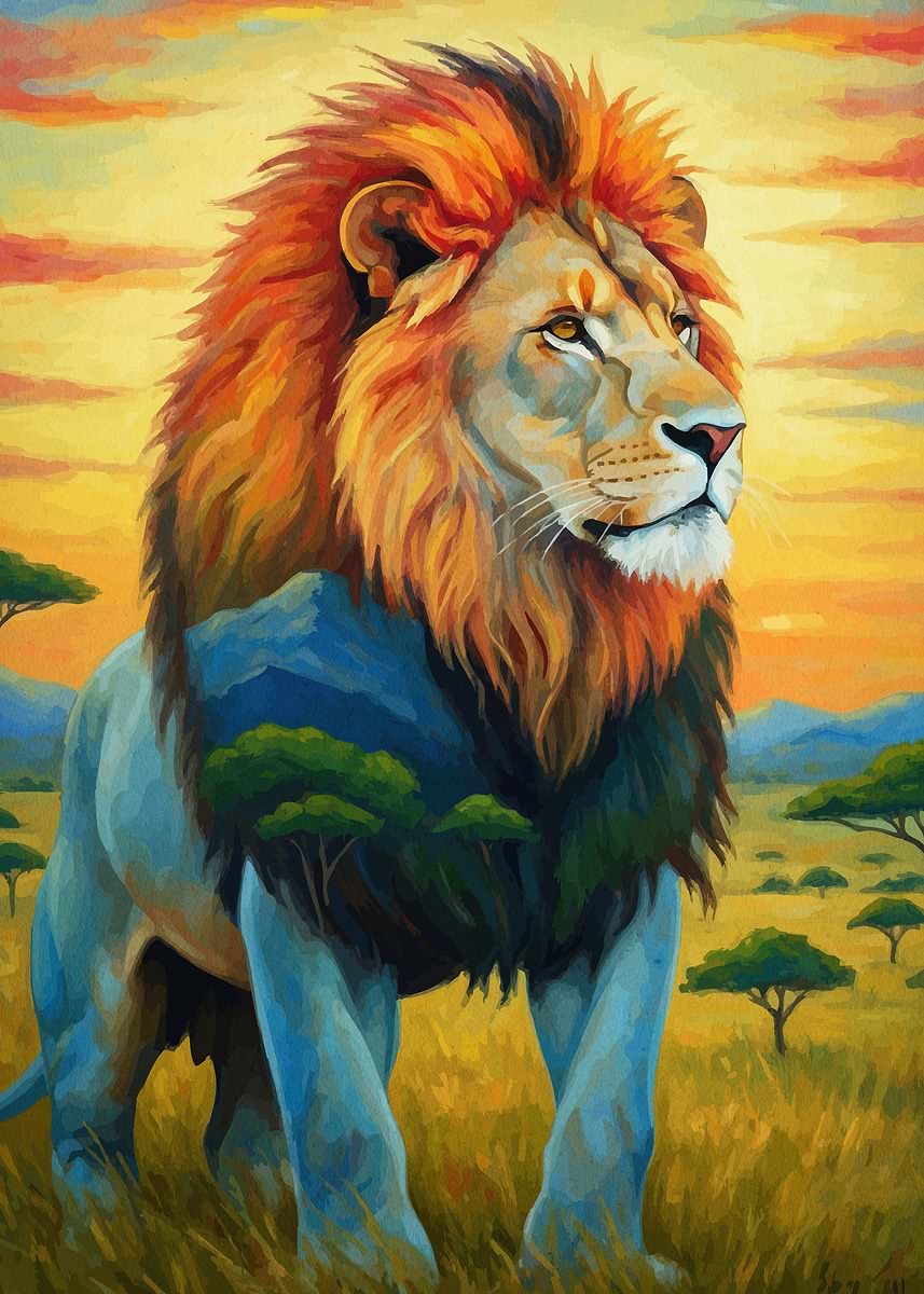 'Majestic Lion African Landscape' Poster, picture, metal print, paint ...