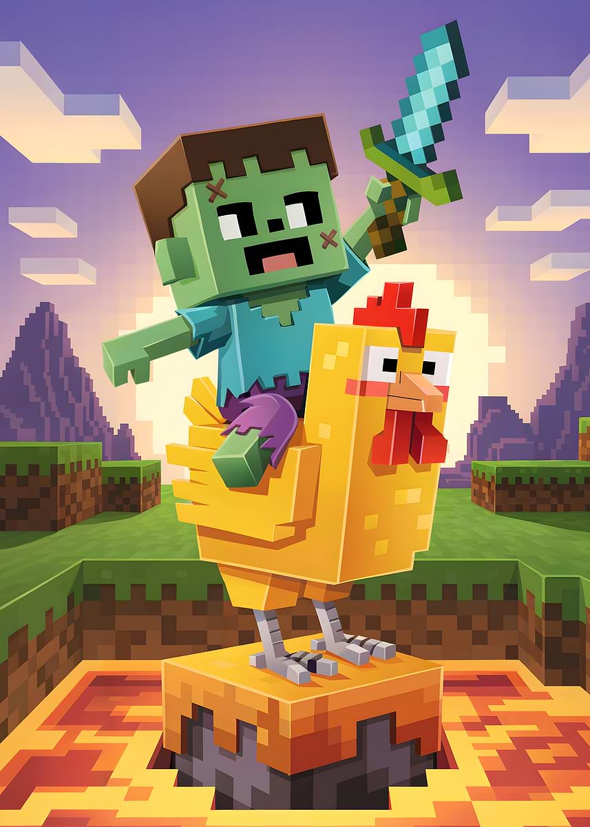 'Minecraft Zombie Riding Chicken with Sword' Poster, picture, metal ...