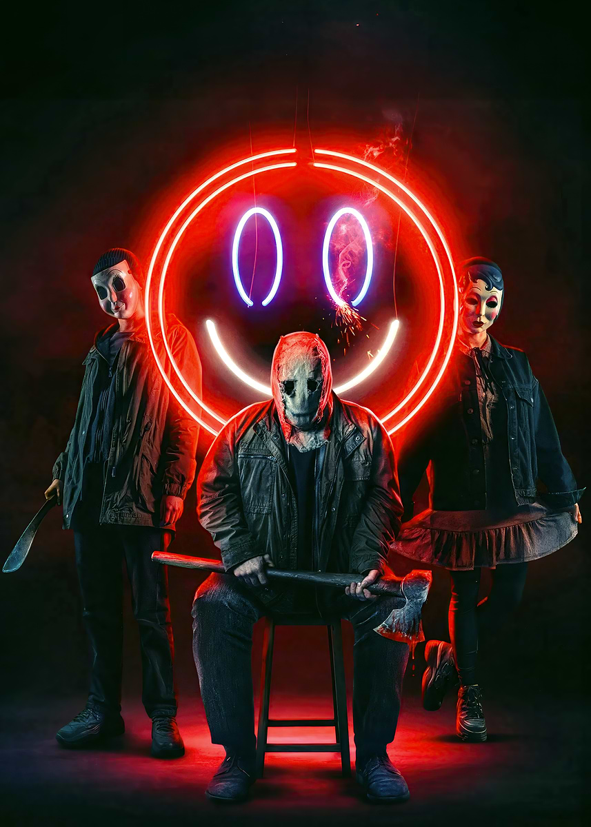 'Masked Figures with Neon Smiley Face' Poster, picture, metal print ...