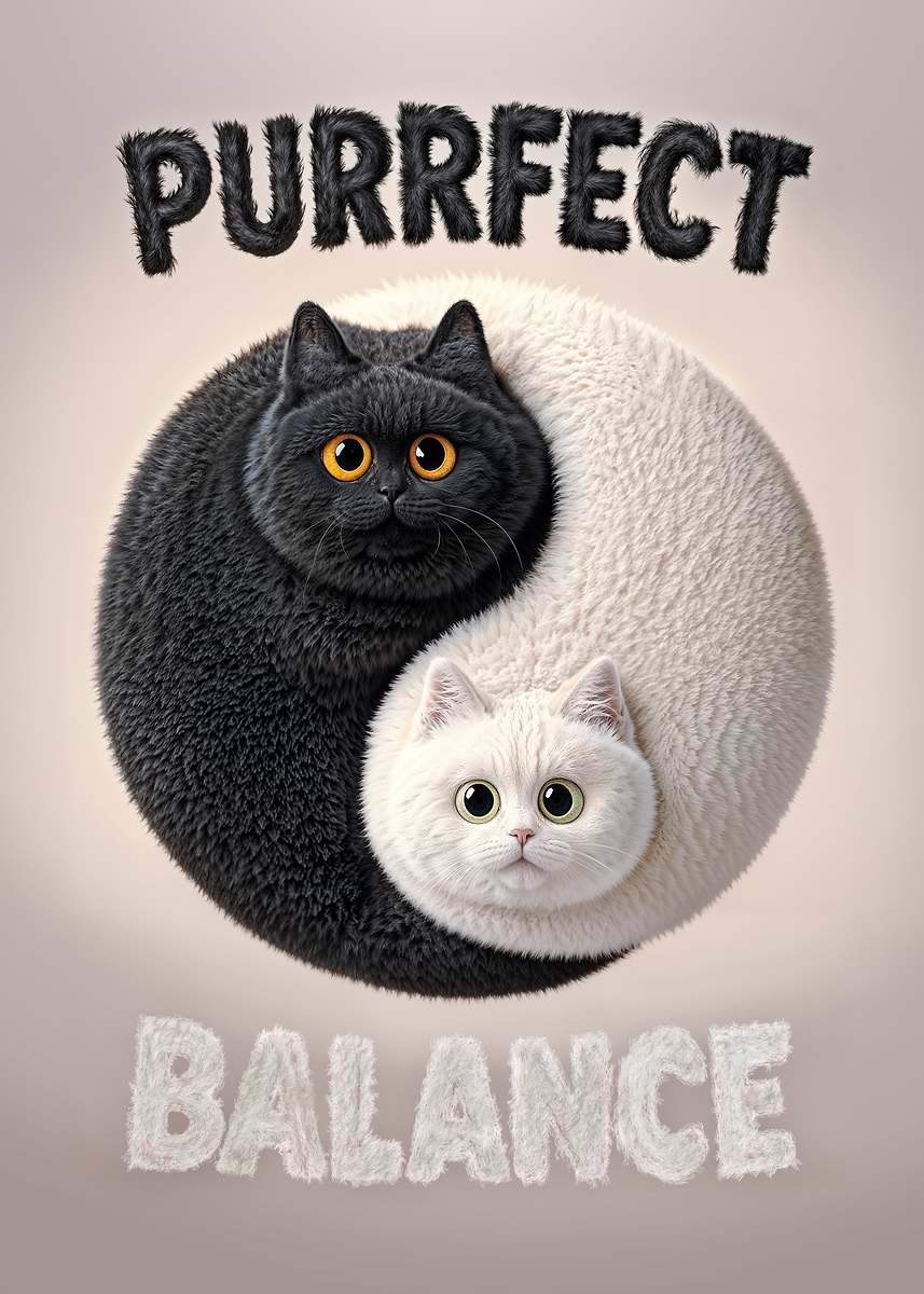 'Purrfect Balance' Poster, picture, metal print, paint by Bruno Macedo | Displate
