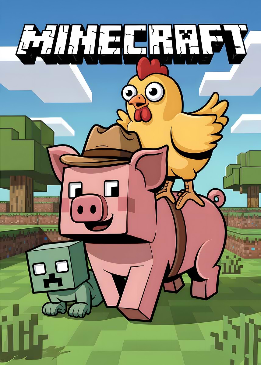 'Minecraft Cartoon with Pig, Chicken, Creeper' Poster, picture, metal ...