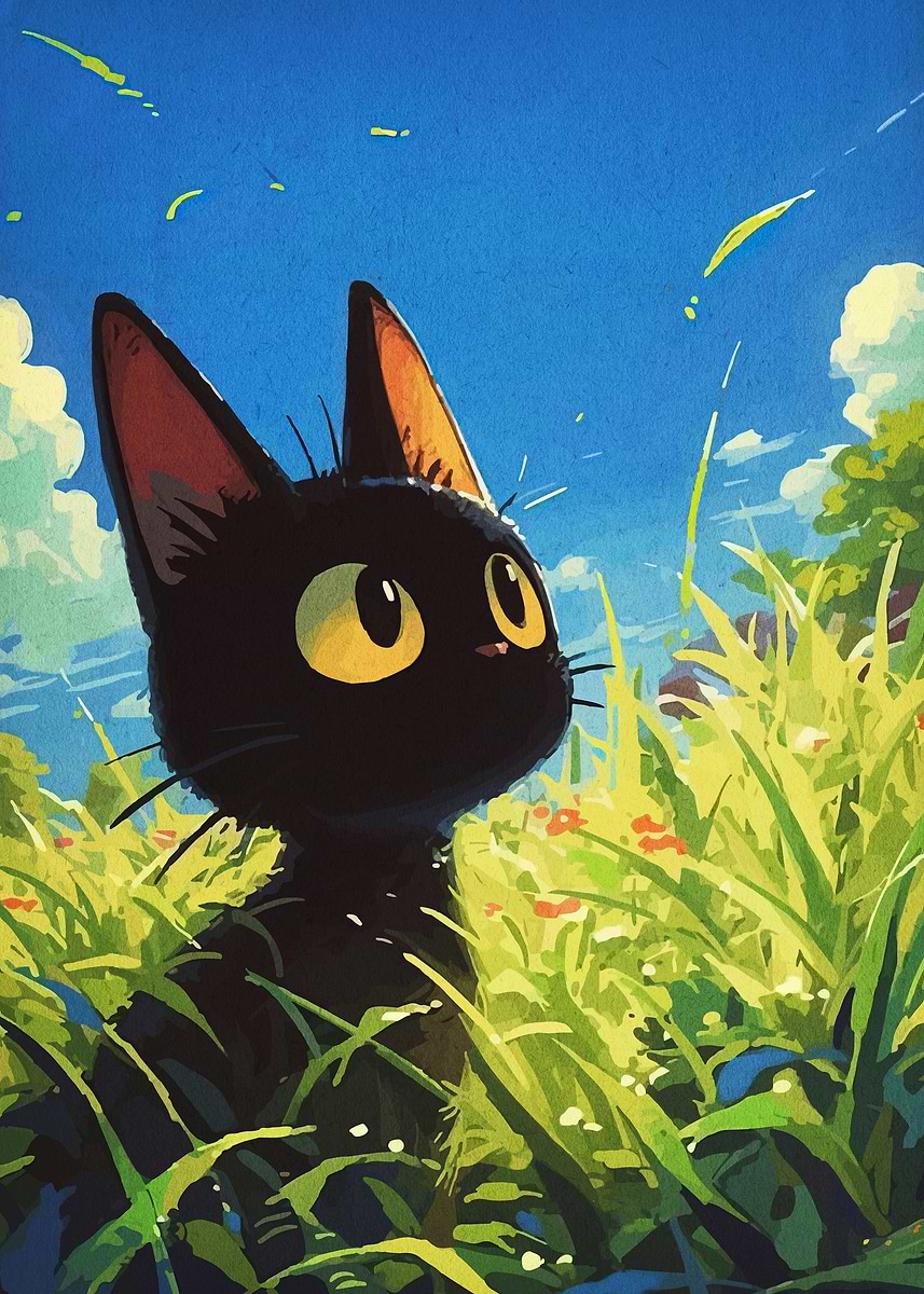'Black Cat in Field Anime Style' Poster, picture, metal print, paint by ...