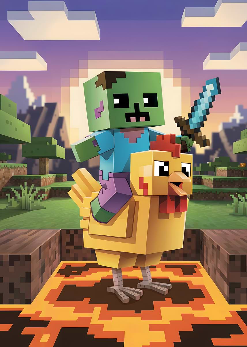 'Minecraft Zombie Riding Chicken' Poster, picture, metal print, paint ...
