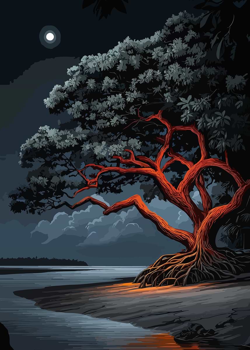 'Night Tree by the Water' Poster, picture, metal print, paint by boba ...