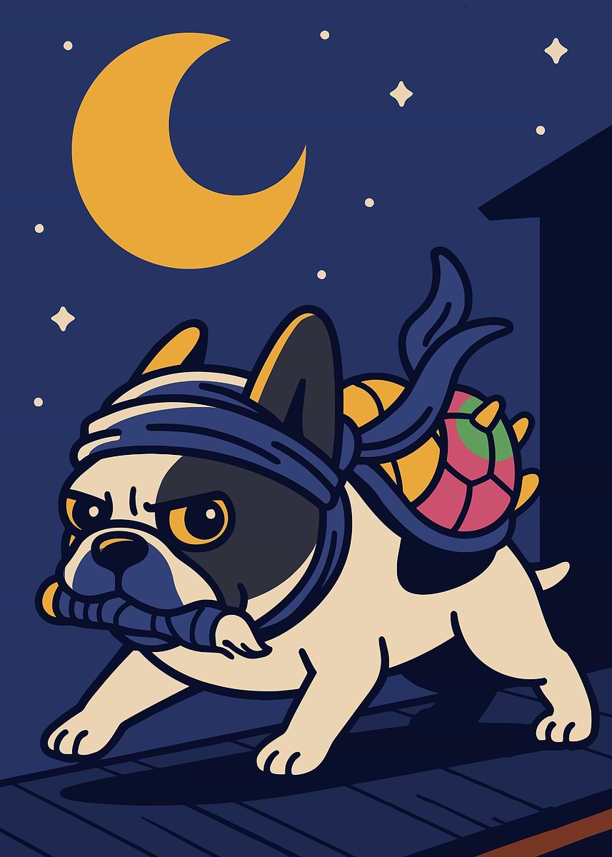 'Ninja Dog with Turtle Shell Backpack' Poster, picture, metal print ...