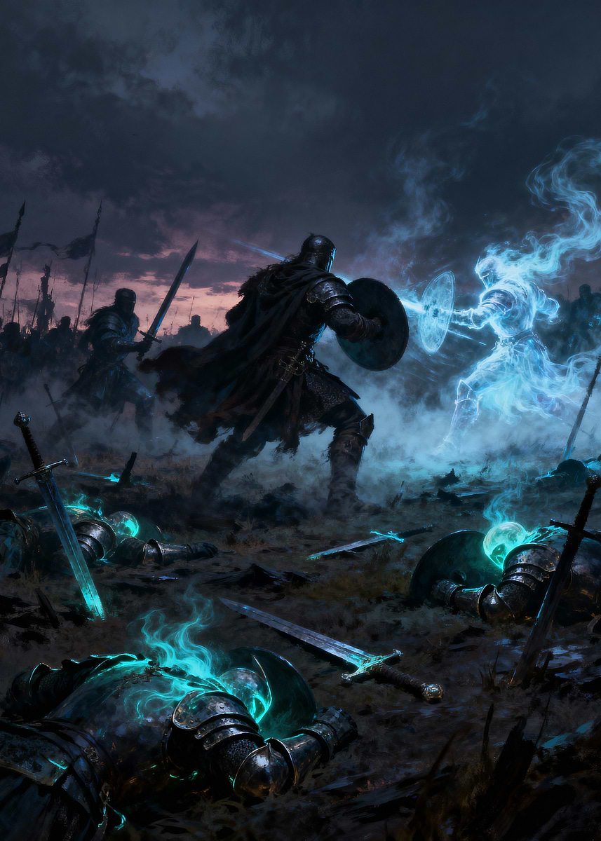 'Knight versus spectral warrior on battlefield' Poster, picture, metal ...
