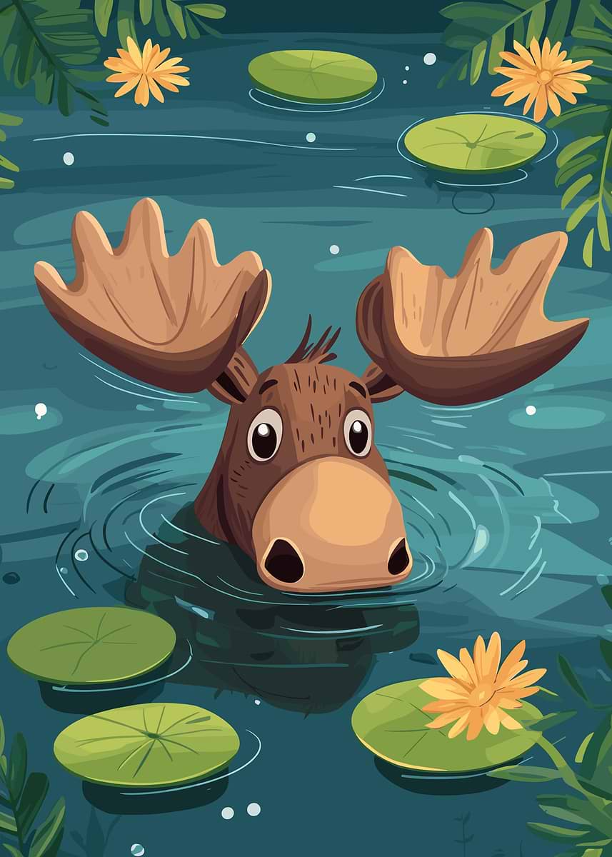 'Cartoon Moose Swimming in a Pond' Poster, picture, metal print, paint ...