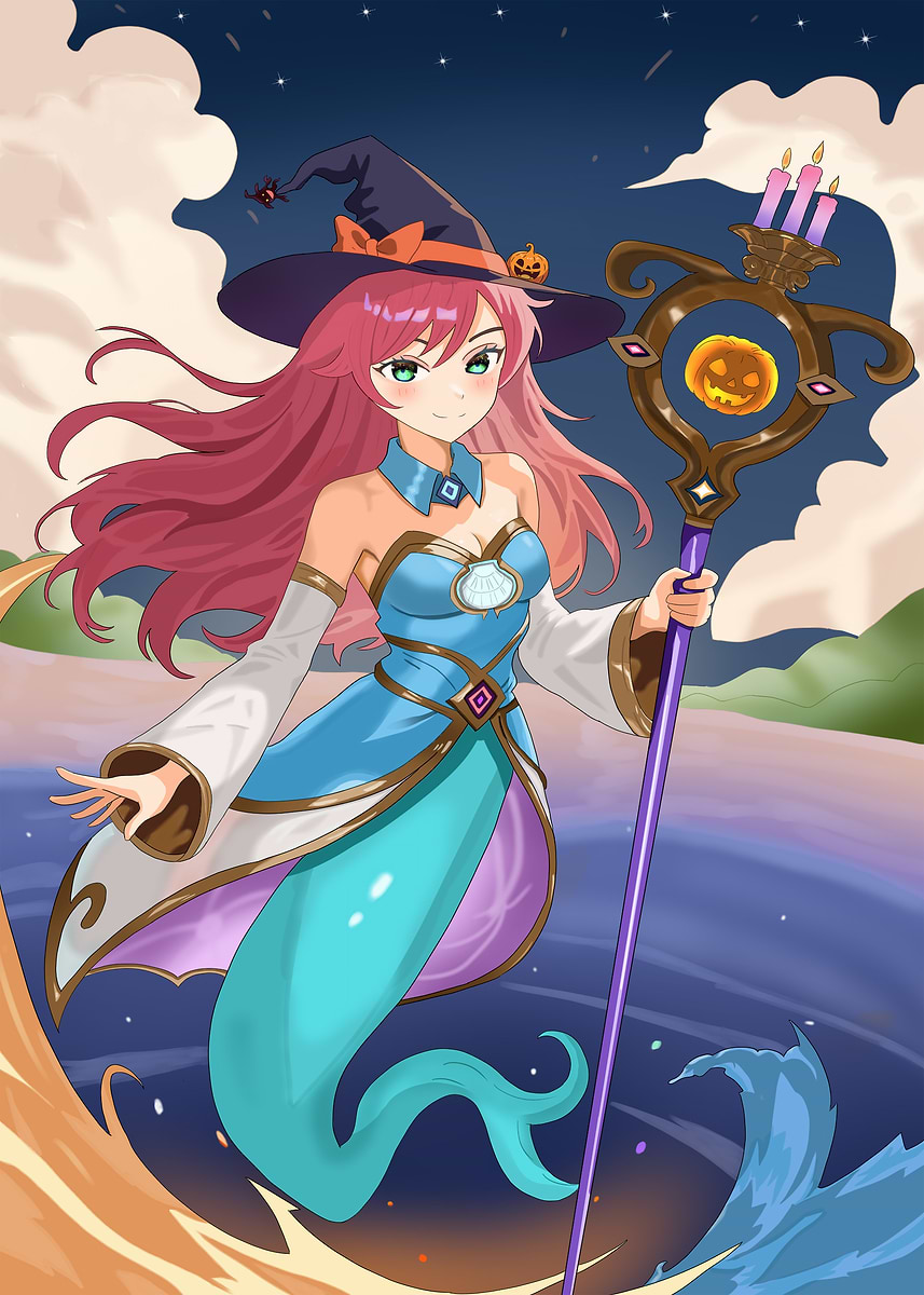'Anime Witch Mermaid with Halloween Staff' Poster, picture, metal print ...