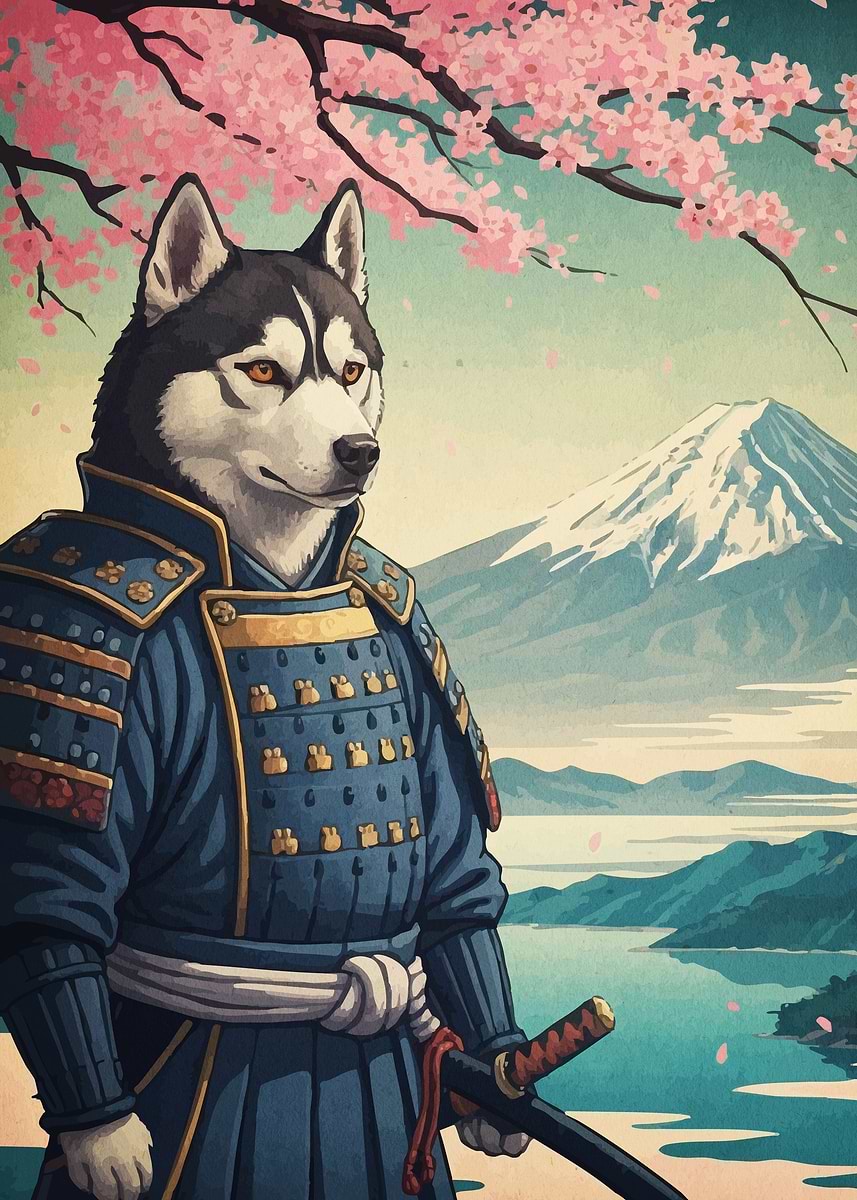 'Samurai Husky Mount Fuji' Poster, picture, metal print, paint by ...