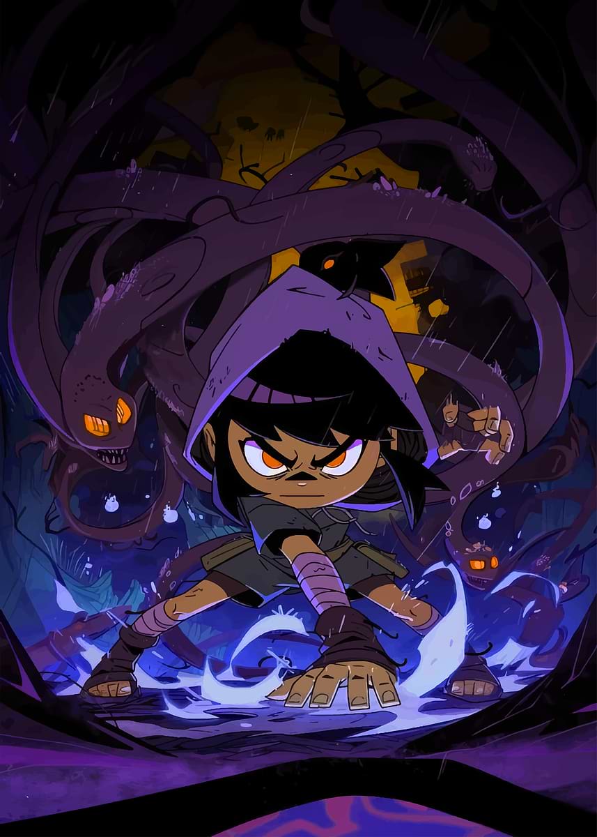 'Cartoon Girl with Monsters in Dark Setting' Poster, picture, metal ...