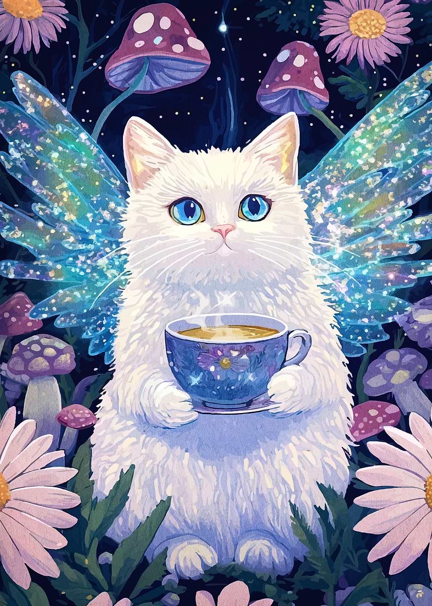 'Fairy Cat with Tea in Enchanted Forest' Poster, picture, metal print ...