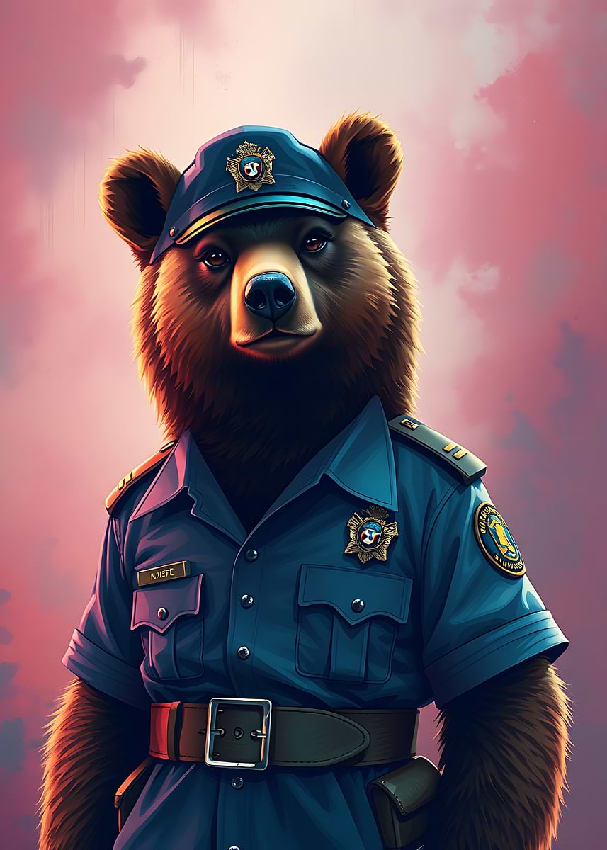 'Bear in Police Uniform Portrait' Poster, picture, metal print, paint ...