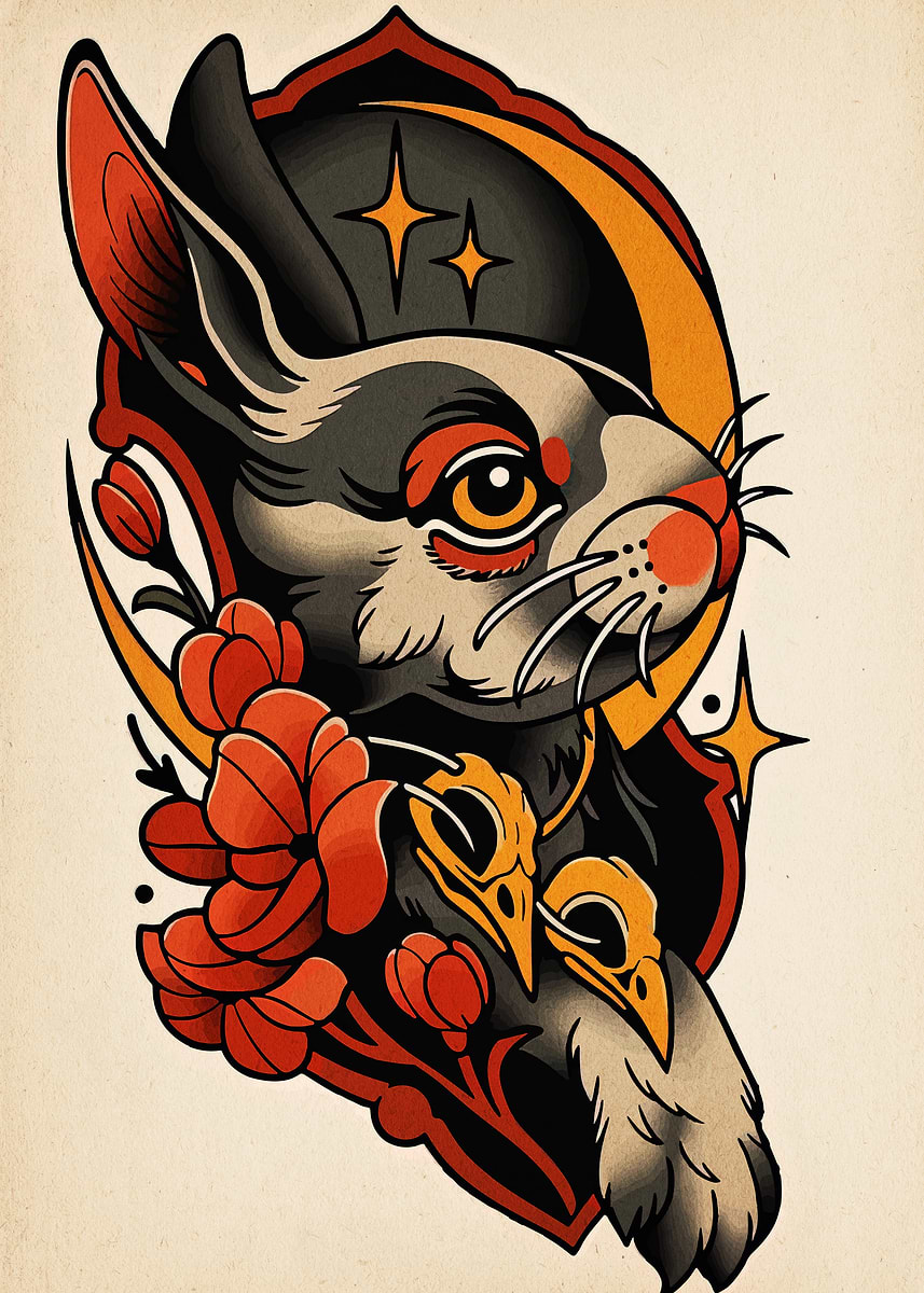 'Rabbit, Skulls, and Flowers Tattoo Art' Poster, picture, metal print ...