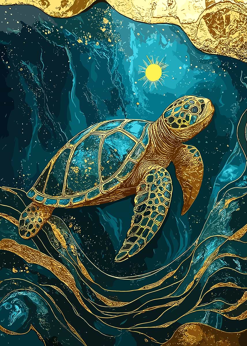'Golden Sea Turtle Art' Poster, picture, metal print, paint by Azza ...