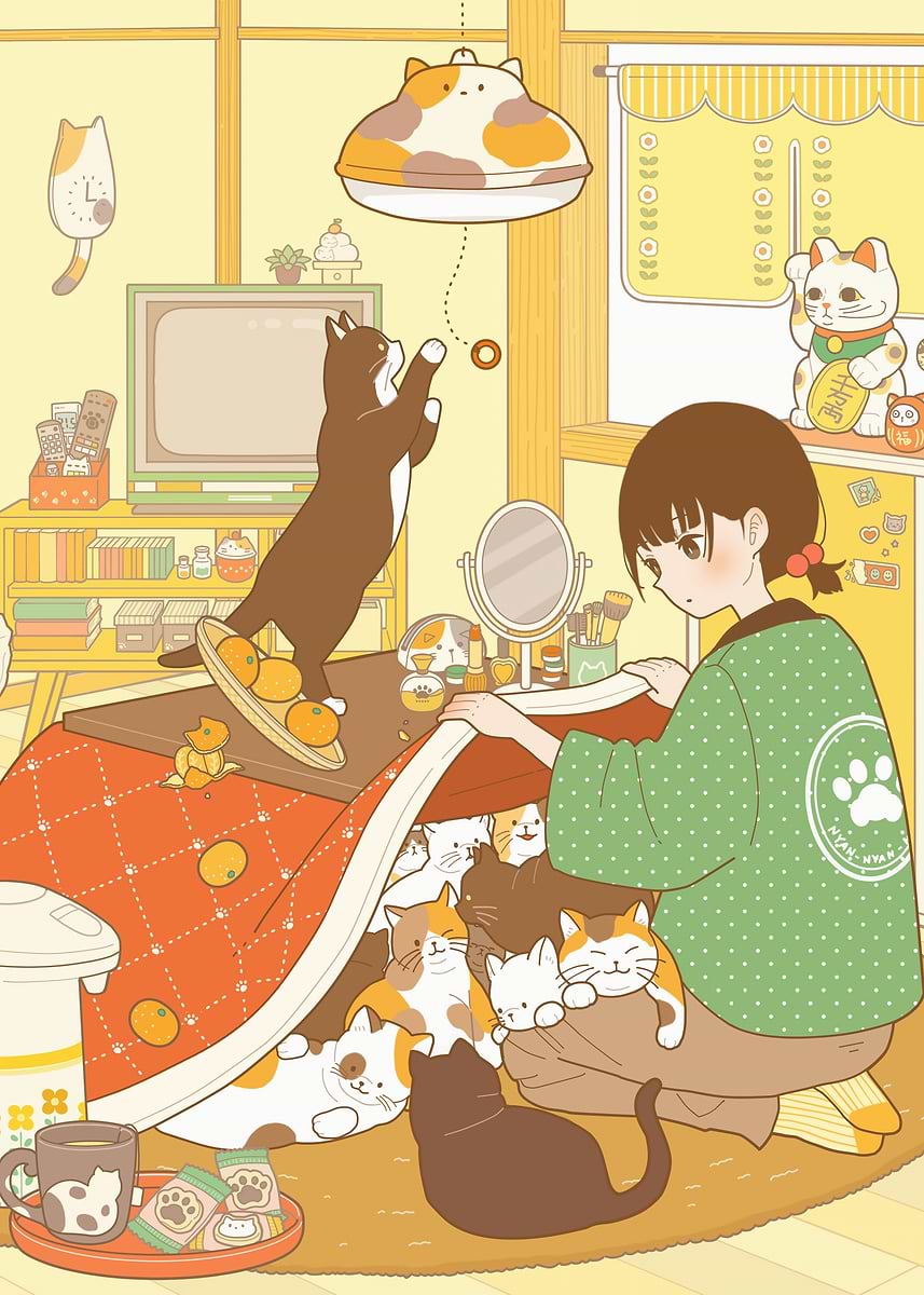 'Cozy Kotatsu with Cats and Girl' Poster, picture, metal print, paint ...