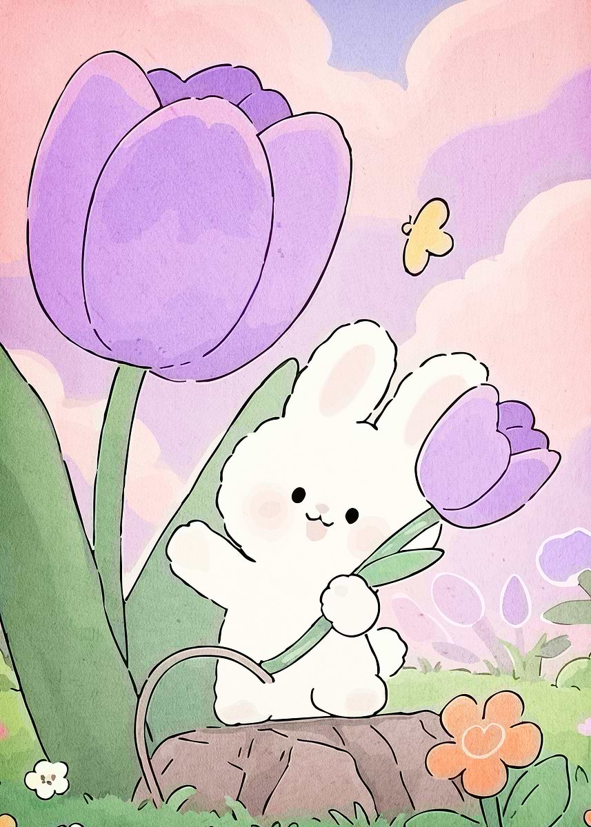 'Cute Bunny Tulip Flower' Poster, picture, metal print, paint by ...
