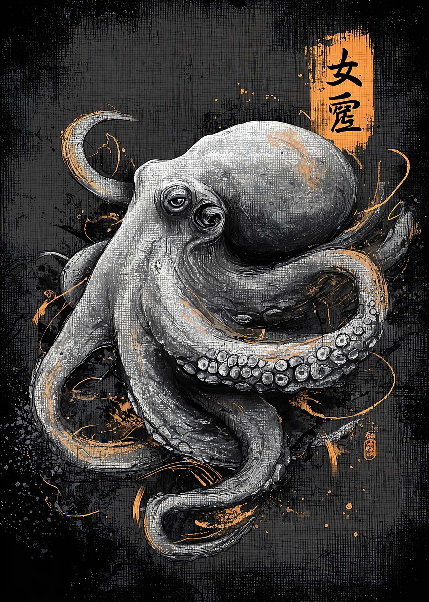'Octopus Illustration with Japanese Text' Poster, picture, metal print ...