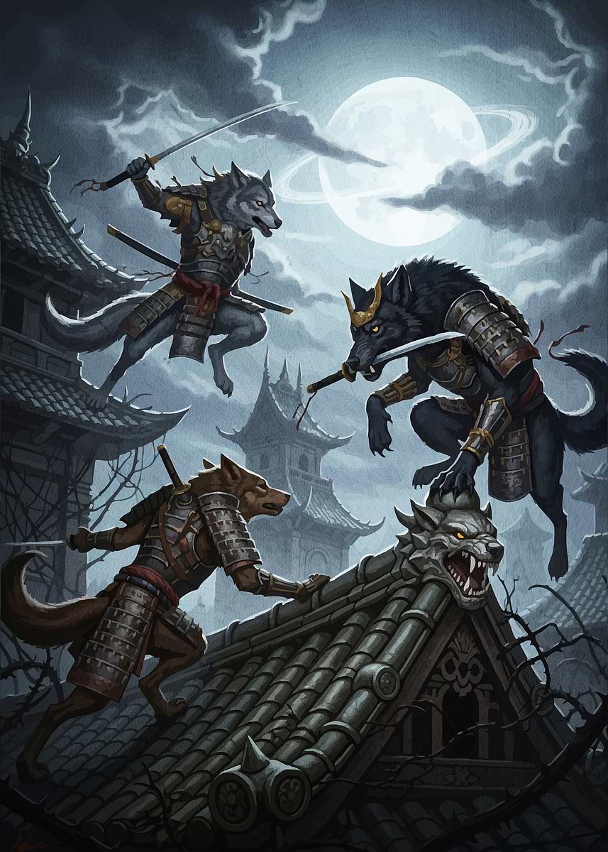 'Wolf Samurai Warriors Moonlight' Poster, picture, metal print, paint ...