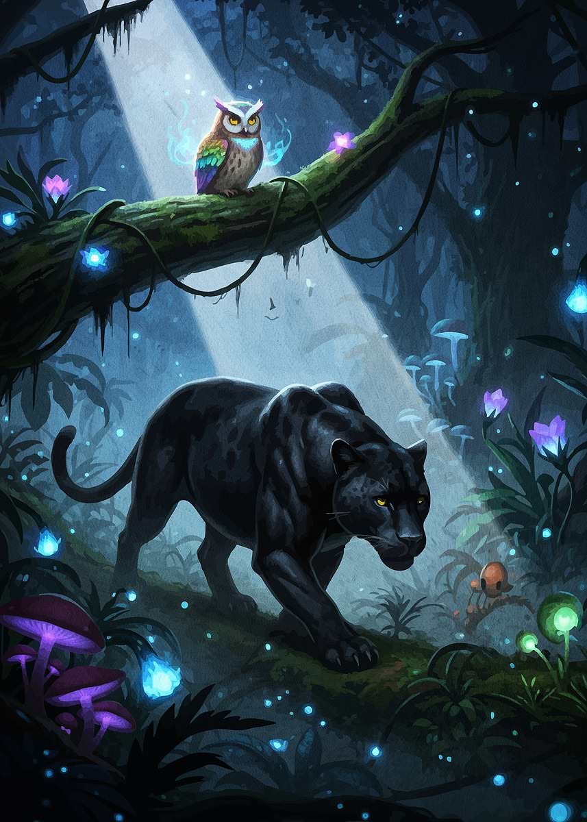 ' Panther Owl Enchanted Forest' Poster, picture, metal print, paint by ...