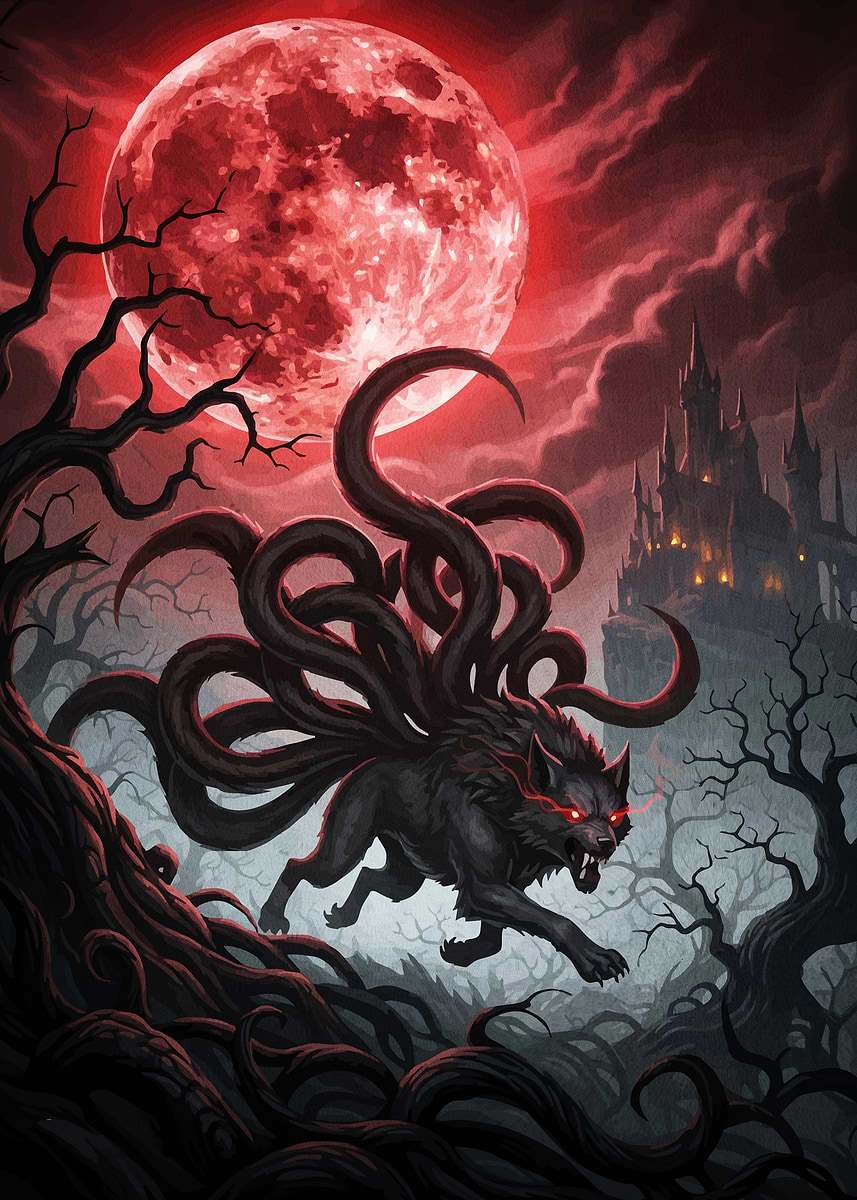 'Nine-tailed Wolf Blood Moon' Poster, picture, metal print, paint by ...