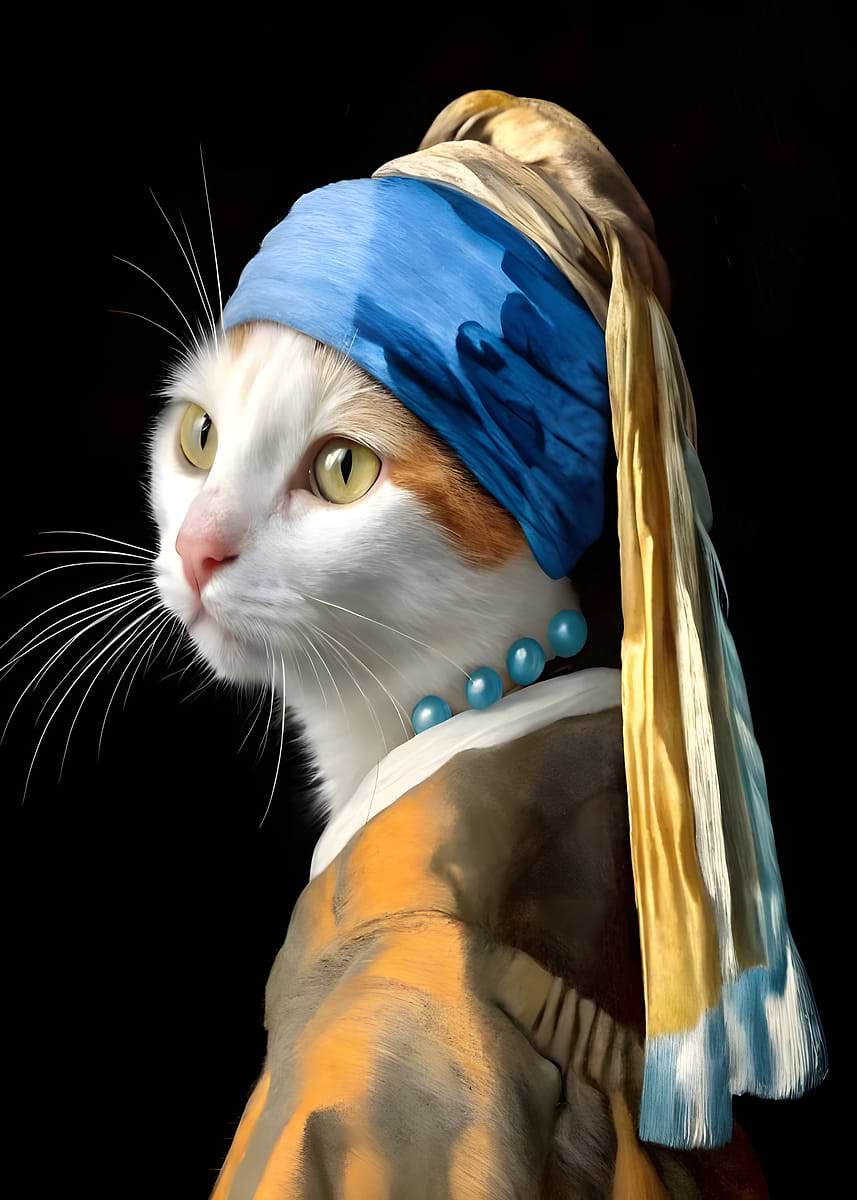 'Cat with a Pearl Earring Parody' Poster, picture, metal print, paint ...