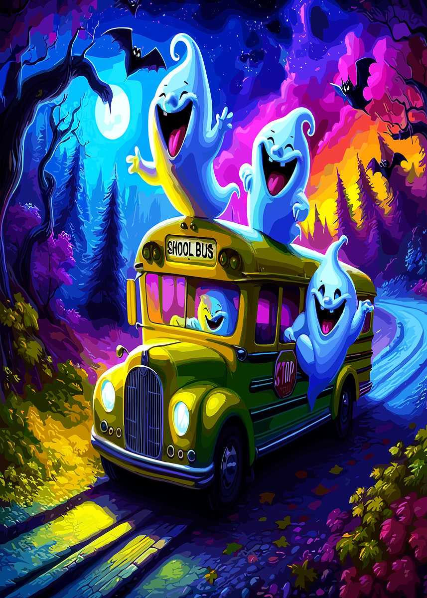 'Halloween School Bus with Ghosts' Poster, picture, metal print, paint ...