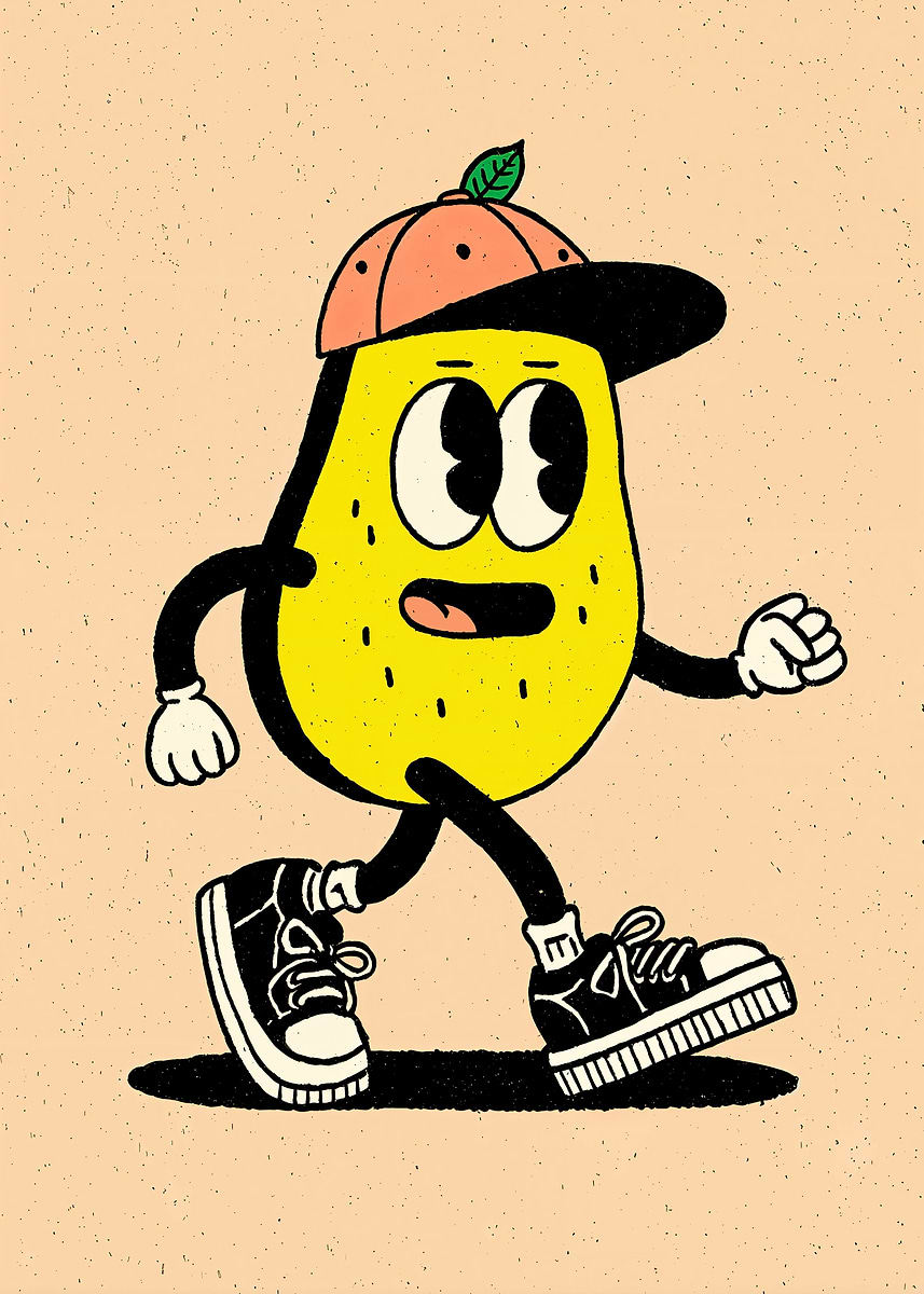 'Cartoon Pear Character Walking' Poster, picture, metal print, paint by ...