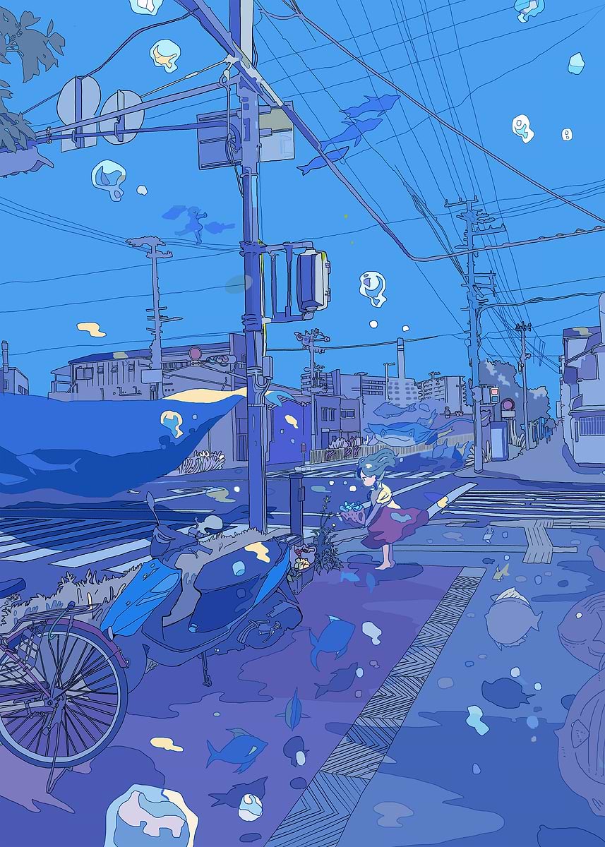 'Blue Cityscape with Fish and Girl' Poster, picture, metal print, paint ...