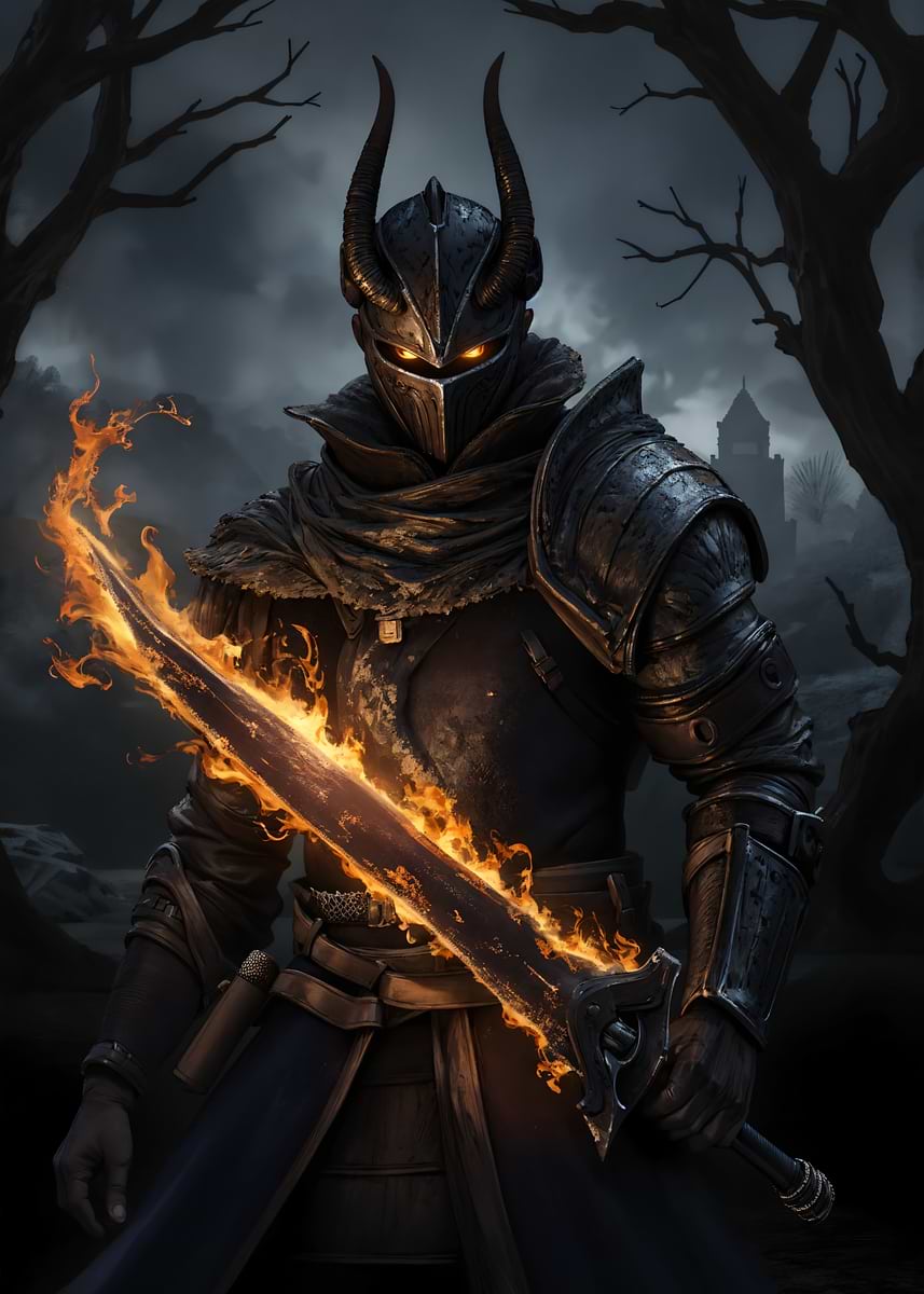'Dark Knight with Flaming Sword' Poster, picture, metal print, paint by ...