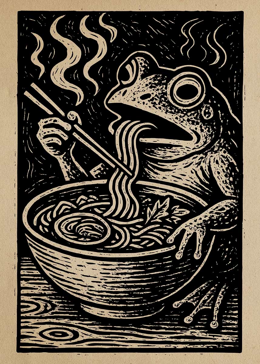 'Frog Eating Ramen Woodcut Illustration' Poster, picture, metal print ...