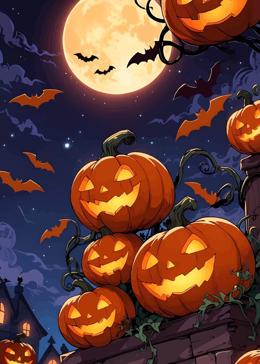 'Halloween Night with Pumpkins and Bats' Poster, picture, metal print ...