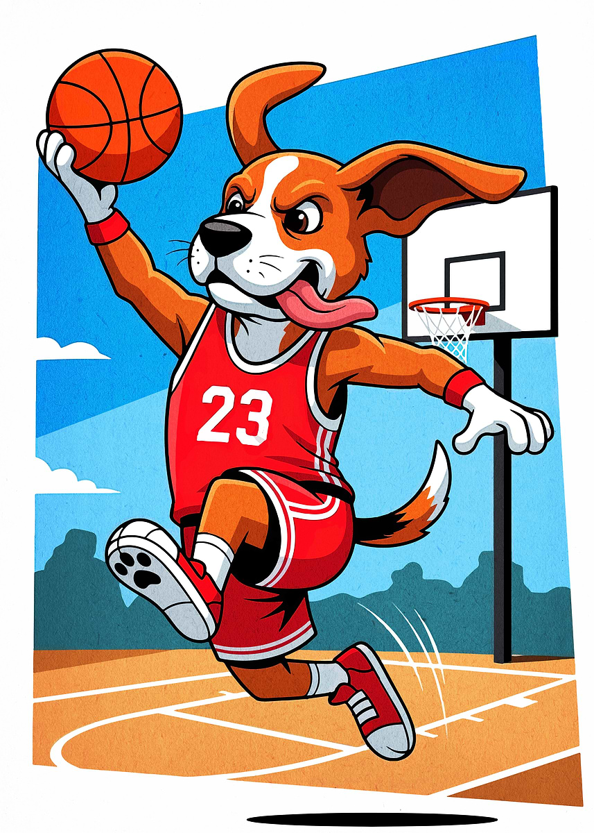 'Cartoon Dog Playing Basketball Illustration' Poster, picture, metal ...