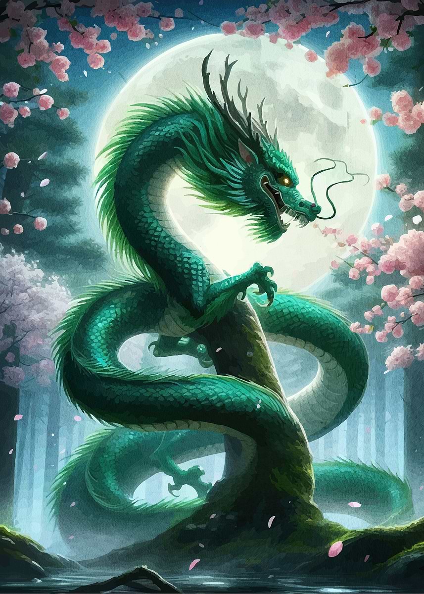 'Emerald Dragon Moonlight' Poster, picture, metal print, paint by ...