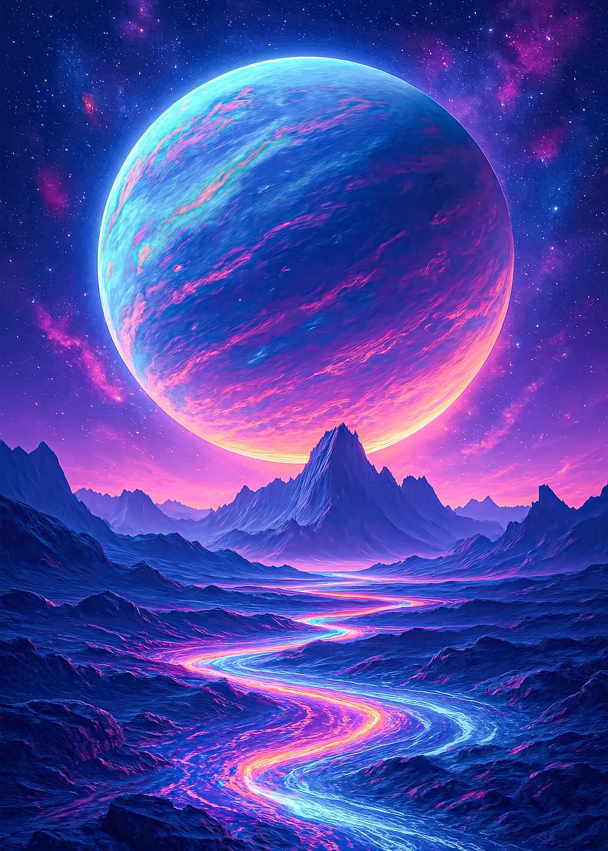 'Fantasy Surreal Planet Landscape with Glowing River' Poster, picture ...