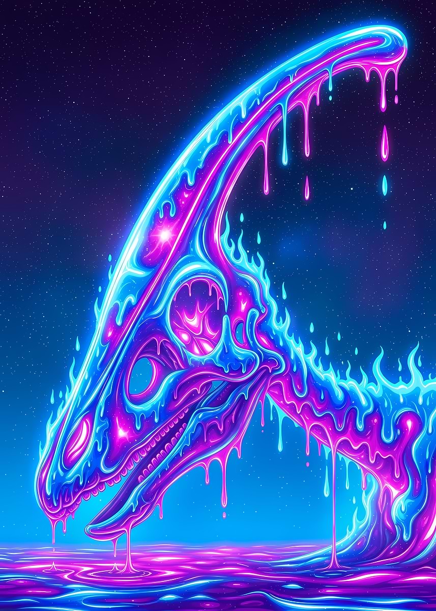 'Neon Parasaurolophus Dinosaur Dripping' Poster, picture, metal print ...